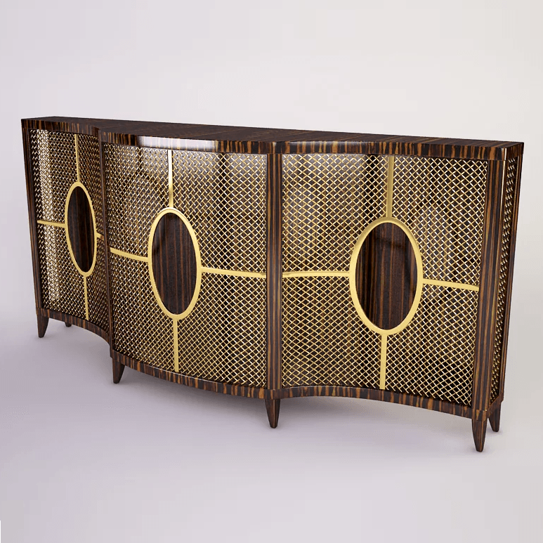 Victor Console Curved Dark Wood Cabinet Gold Mesh – ARDITI COLLECTION